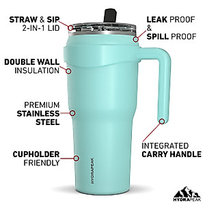 Hydrapeak Roadster 40oz Stainless Steel Tumbler Double Wall Vacuum Insulated Water Bottle With Handle And 2 in 1 Straw Lid (Aqua)