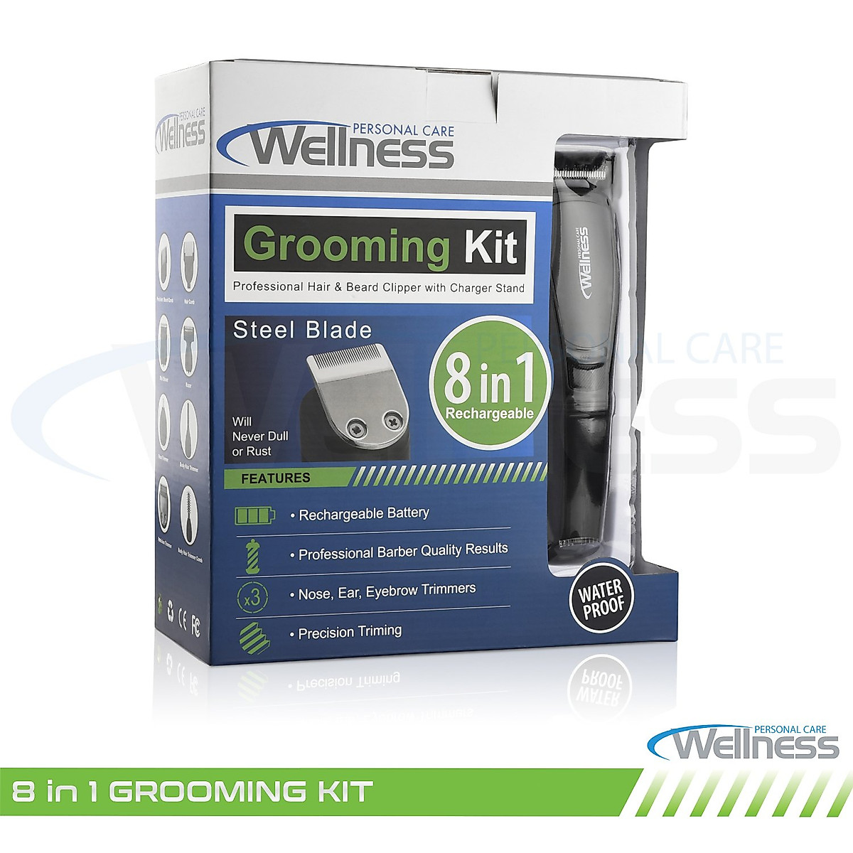 Wellness Personal Care Men's 8-in-1 Rechargeable Shaver Grooming Kit | Storage Stand | Full Trimmer, Detail Trimmer, Nose Trimmer, Beard and Mustache Trimmer, Stubble Comb