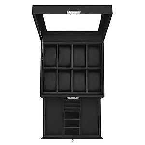 SONGMICS 8-Slot Watch Box, Lockable Watch Case with Glass Lid, 2 Layers, with 1 Drawer for Rings, Bracelets, Gift Idea, Black Synthetic Leather, Black Lining UJWB080B01