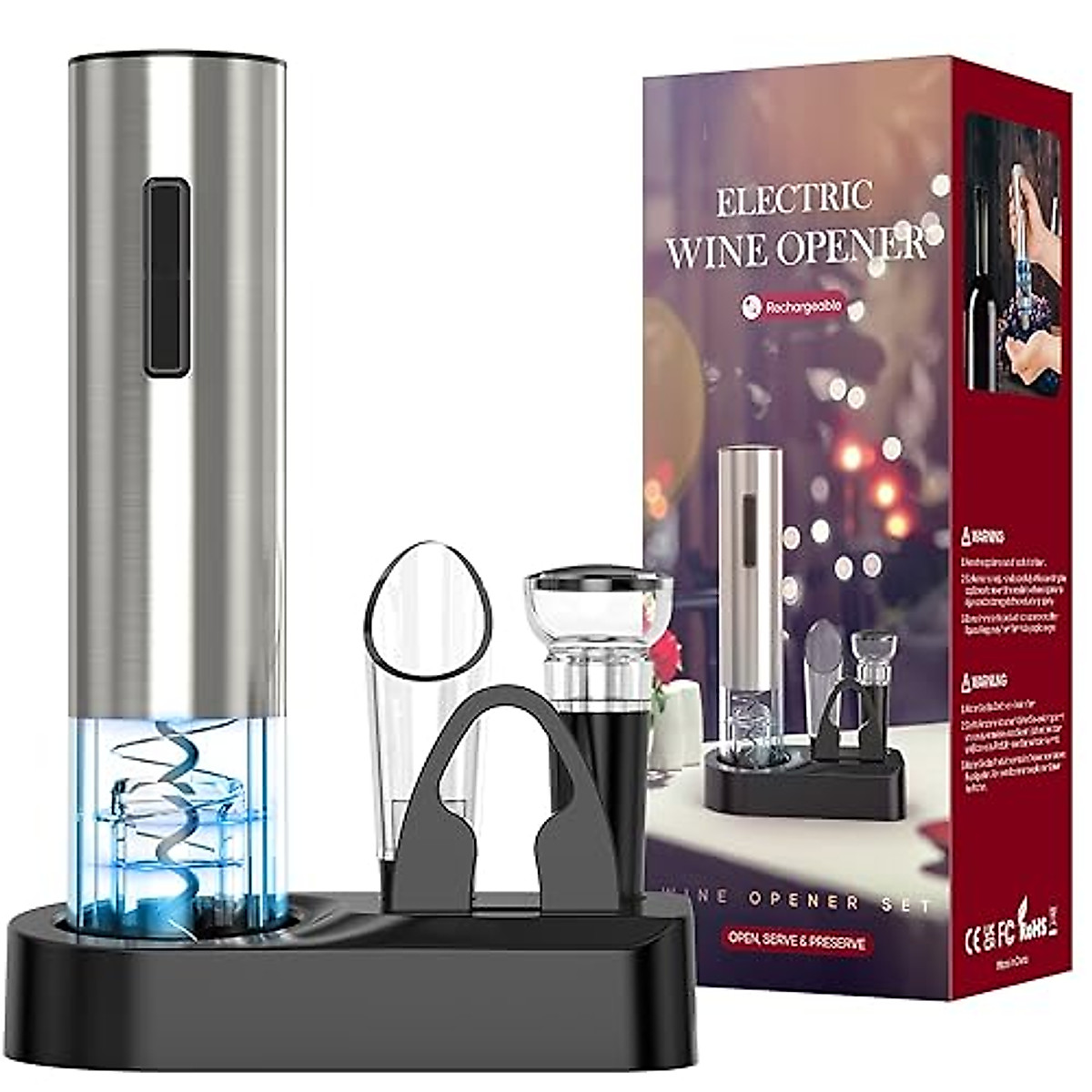 Crenova 6-in-1 Wine Opener Electric Rechargeable Automatic Corkscrew Bottle Opener set with Vacuum Stopper, Aerator Pourer, Foil Cutter, Display Base & USB Charging Cable, Silver