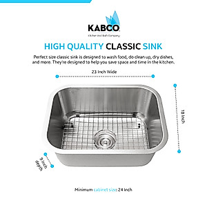 KABCO 23 Inch Single Bowl Stainless Steel Classic Kitchen Bar Sink, Rust, Sound and Heatproof Swirl Finish Stainless Steel Deep Sink with Kitchen Sink Strainer, Bottom Sink Grid and a Rolling Up Grid