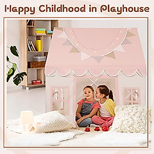 Kids Play Tent with Non-Slip Mat, Star Lights, Decorating Flag, Dots Curtains Playhouse with 4 Windows, Machine Washable, Indoor and Outdoor Play Tent for Kids, Girls, Pink, 47" x 40" x 52"