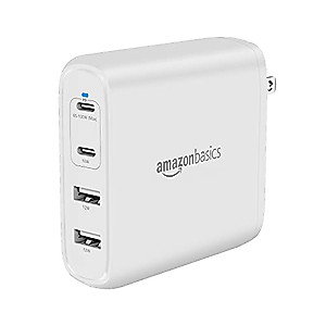 Amazon Basics 100W Four-Port GaN Wall Charger w/ 2 USB-C (100W,18W) & 2 USB-A Ports (12W) w/PD for Laptops, Tablets & Phones (iPhone 16/15/14/13/12/11/X, iPad, Mac, Samsung, and More), Non-PPS, White