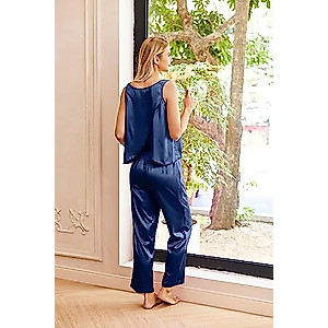 Ekouaer Pyjamas for Women Satin Sleepwear Two Piece Pajamas Silk Pjs Tank Top and Loose Pant Set Nightwear Navy Blue