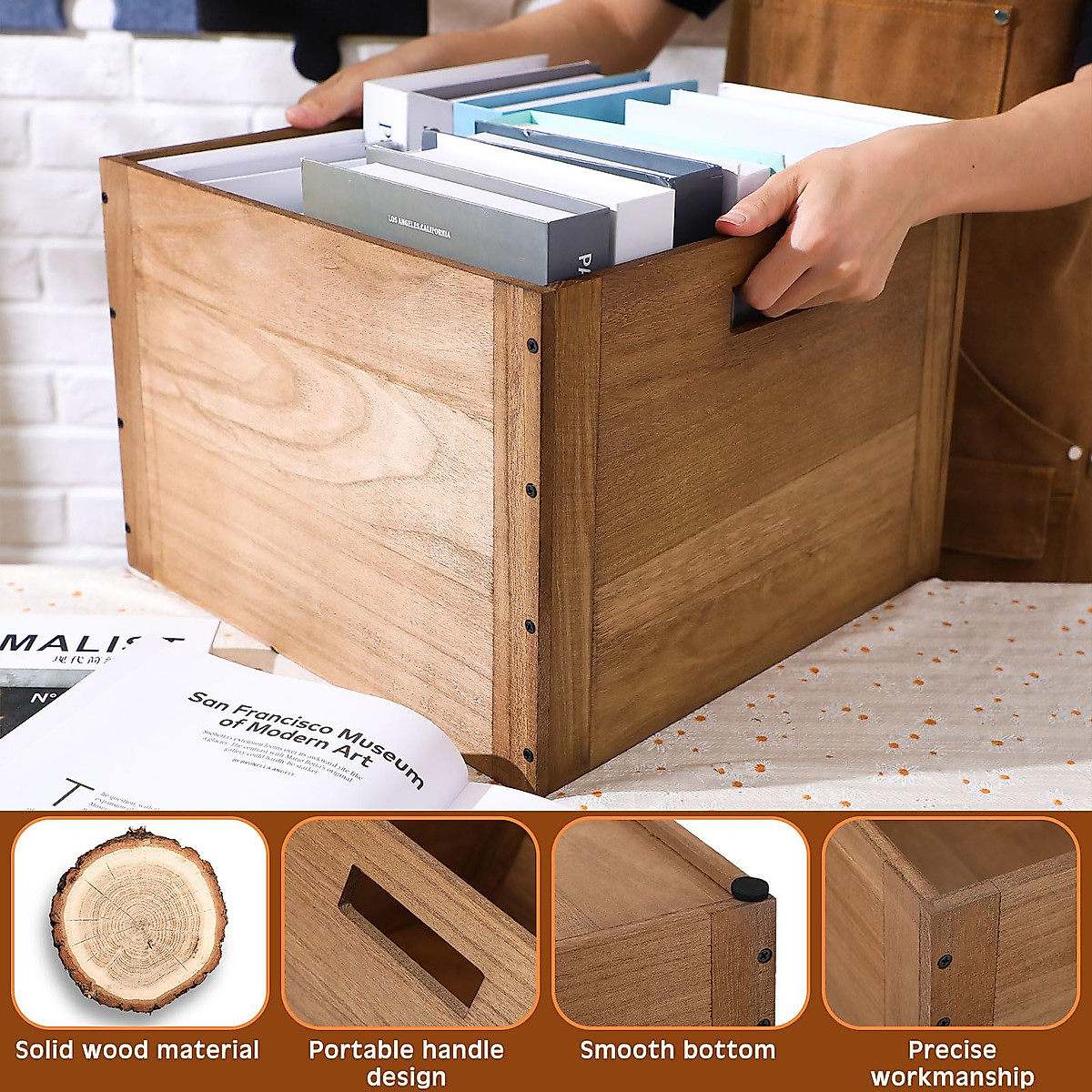 Menkxi 4 Pcs Stackable Wood Storage Cube for Shelves Closet Wooden Bins Box Wood Crates Storage Baskets Container for Toy Books Clothes Home Office, Dark Brown(14 x 14 x 10 Inch)