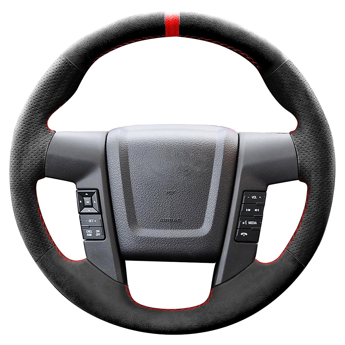 Alfanxi Hand Stitch Alcantara Steering Wheel Cover Compatible with Ford F-150 SVT Raptor 2010-2014 (Red Stripe)