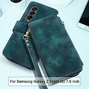 Lacass [Cards Theft Scan Protection 10 Card Slots Zipper Pocket Wallet Case Flip Leather Phone case Cover for Samsung Galaxy Z Fold 4 / z fold4 5G (2022)(Floral Cyan)