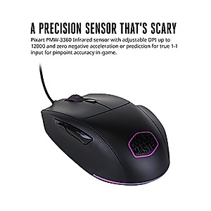 Cooler Master SGM-2007-KLON1 MasterMouse MM520 Claw Grip Gaming Mouse, 7 Buttons, RGB LED 3 Zone Light, On-The-Fly DPI 12000, Lag-Free