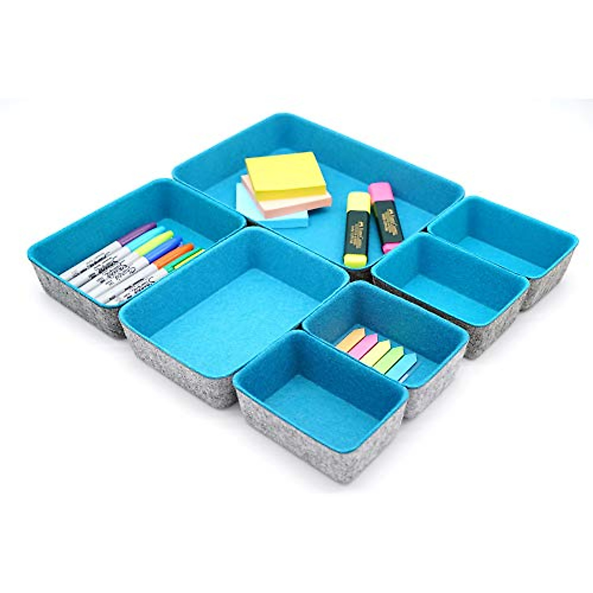Welaxy Drawer organizers bins felt storage bin office organizer Shallow Small Desk organizer trays Draw dividers 7-piece (Turquoise)