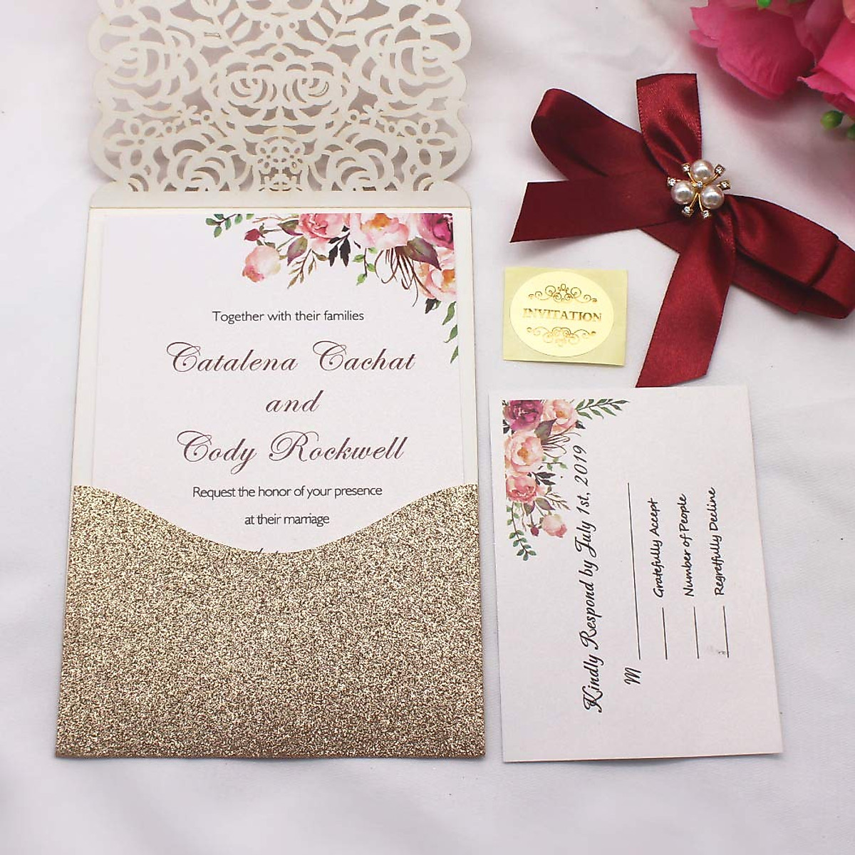 AdasBridal 25Pcs Gold Glitter Laser Cut Invitations with RSVP Cards and Envelopes Luxury Diamond and Ribbon Design with 250GSM Pearl Paper Insert For Wedding Engagement Birthday Quinceanera Invite