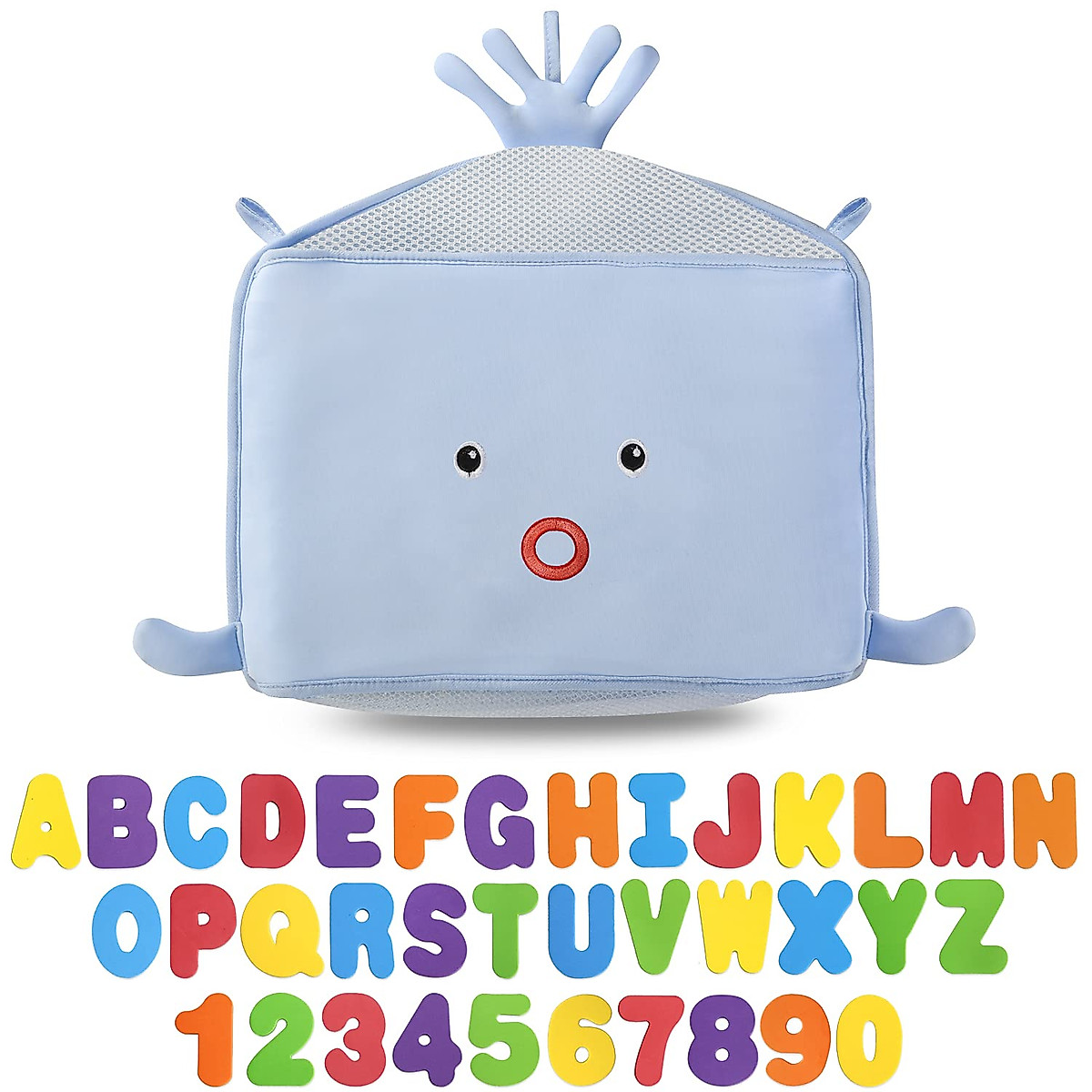 sundee Mesh Bath Toy Organizer + 36 Foam Bath Letters and Numbers,Baby and Toddlers Bathtub Mesh Quick Dry Net Bathtub Toy Holder, Perfect Toy Storage Net, Hanging Bathroom Storage Bags - Blue