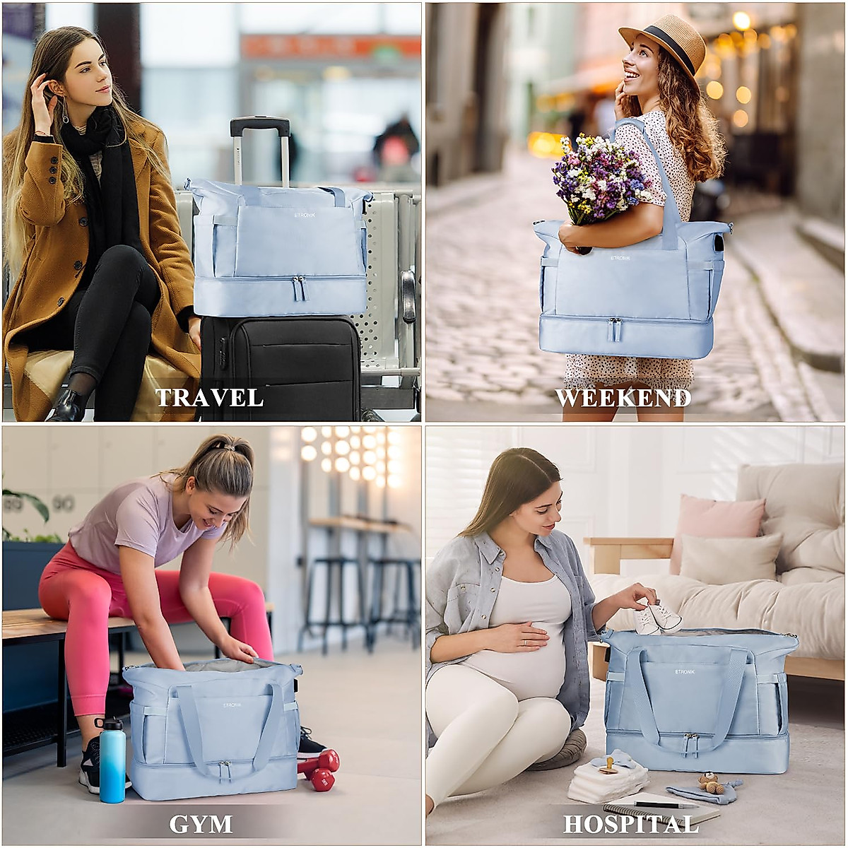 ETRONIK Gym Bag for Women, Personal Item Travel Bag with Shoes Compartment, Weekender Overnight Duffel Bag with Wet Pocket & USB Charging Port, Carry On Bag for Women, Travel, Gym, Weekend (Blue)