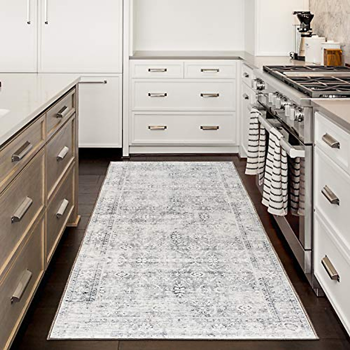 ReaLife Machine Washable Rug - Stain Resistant, Non-Shed - Eco-Friendly, Non-Slip, Family & Pet Friendly - Made from Premium Recycled Fibers - Vintage Distressed Trellis - Silver Ivory, 2'6" x 8'