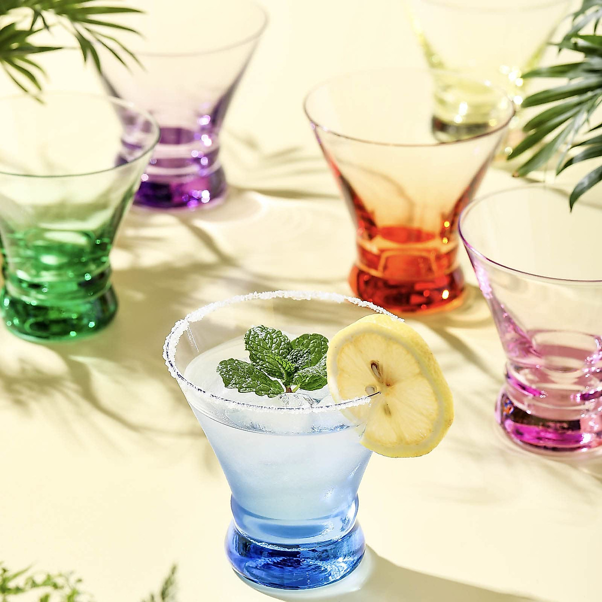 ColoVie Stemless Martini Glasses Set of 6 and Colored Stemless Wine Glasses Set of 6, Colorful Glassware, Drinking Glasses Set, Large Stemless, Red Wine, White Wine