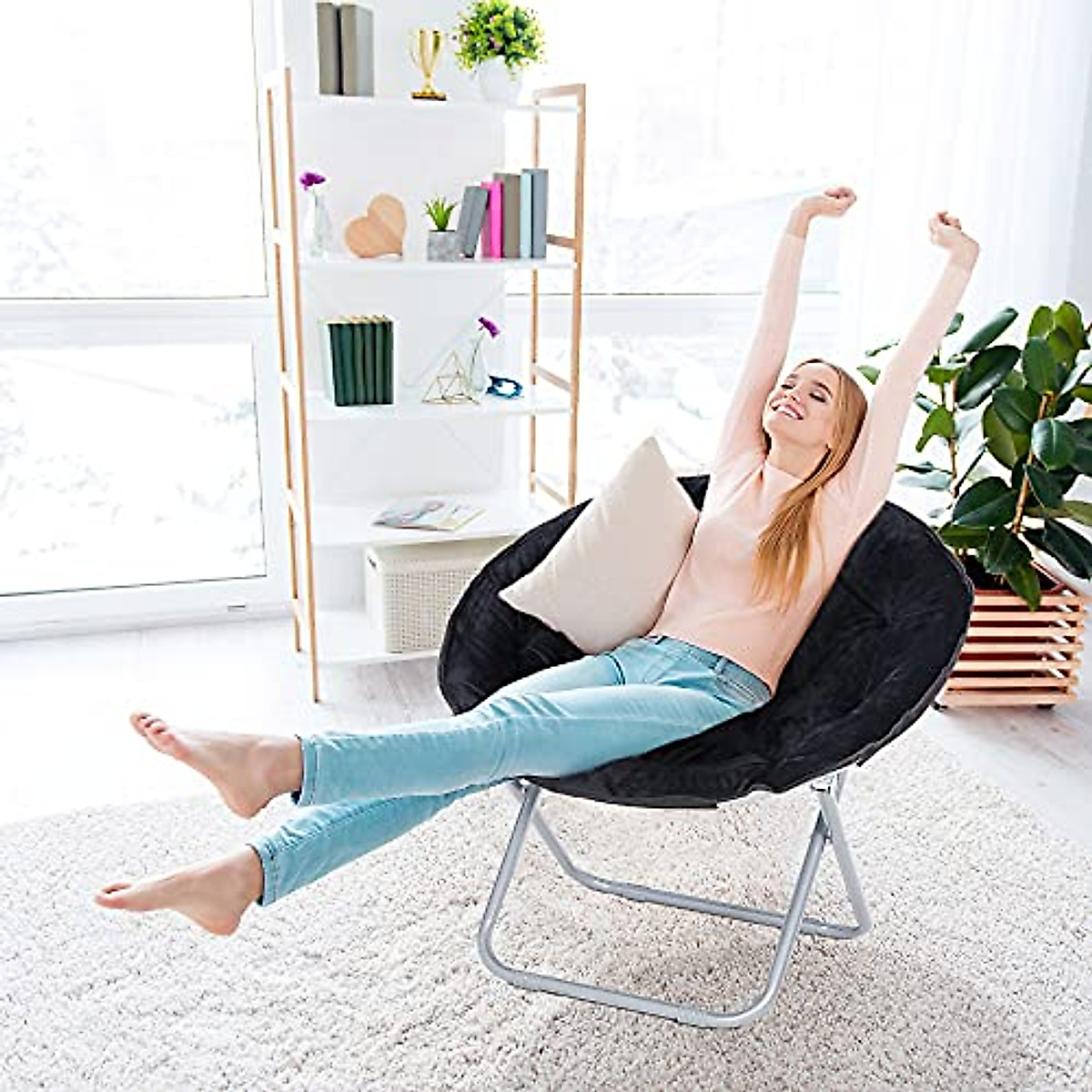 ZenStyle Faux Fur Saucer Chair, Folding Chair Soft Lounge Chair, Portable Moon Chair for Bedroom, Dorm Rooms, Apartments, Lounging, Garden and Courtyard, Black