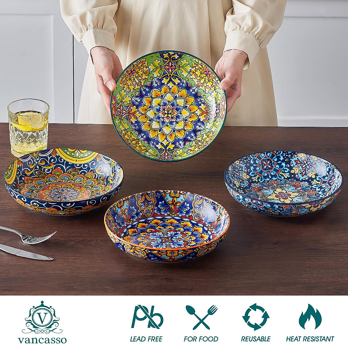 vancasso Pasta Bowls, 42 oz Ceramic Salad Bowls of 4,Large Corlorful Serving Bowls for Kitchen, Dishwasher & Microwave Safe Soup Bowls, Pasta Plates