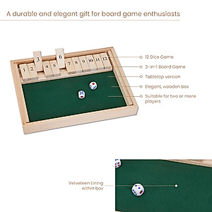 Bits and Pieces - Large Shut The Box Game - 3-in-1 Board Game - 12 Dice Board Game - Wooden Pub Tabletop Game Box - 2 Dice Included