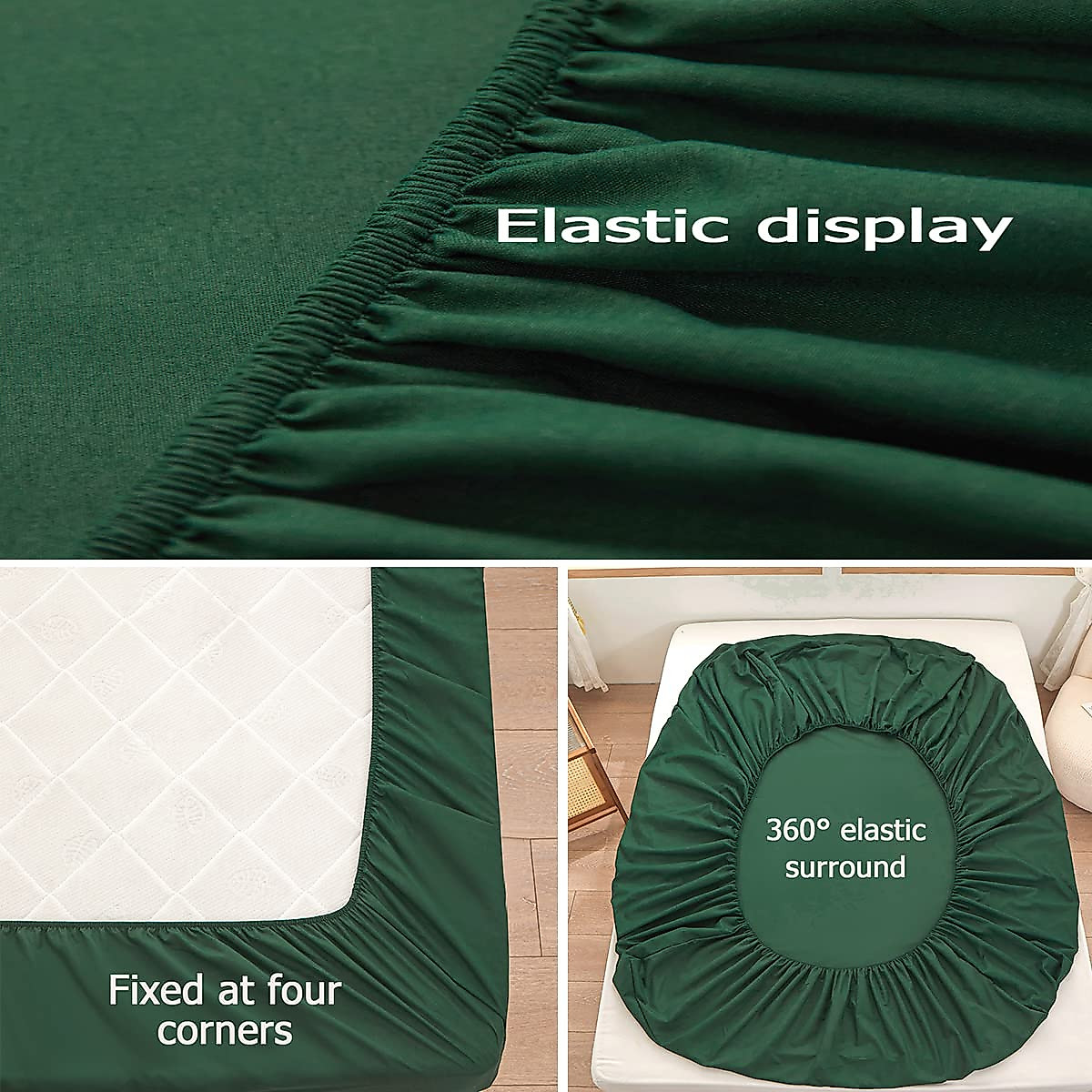 Bedding Twin Size Fitted Sheet Only-Twin Size Deep Pocket Bottom Sheet Fits 15inches Bed Matress Sheet Soft and Microfiber Easy Care-Dark Green