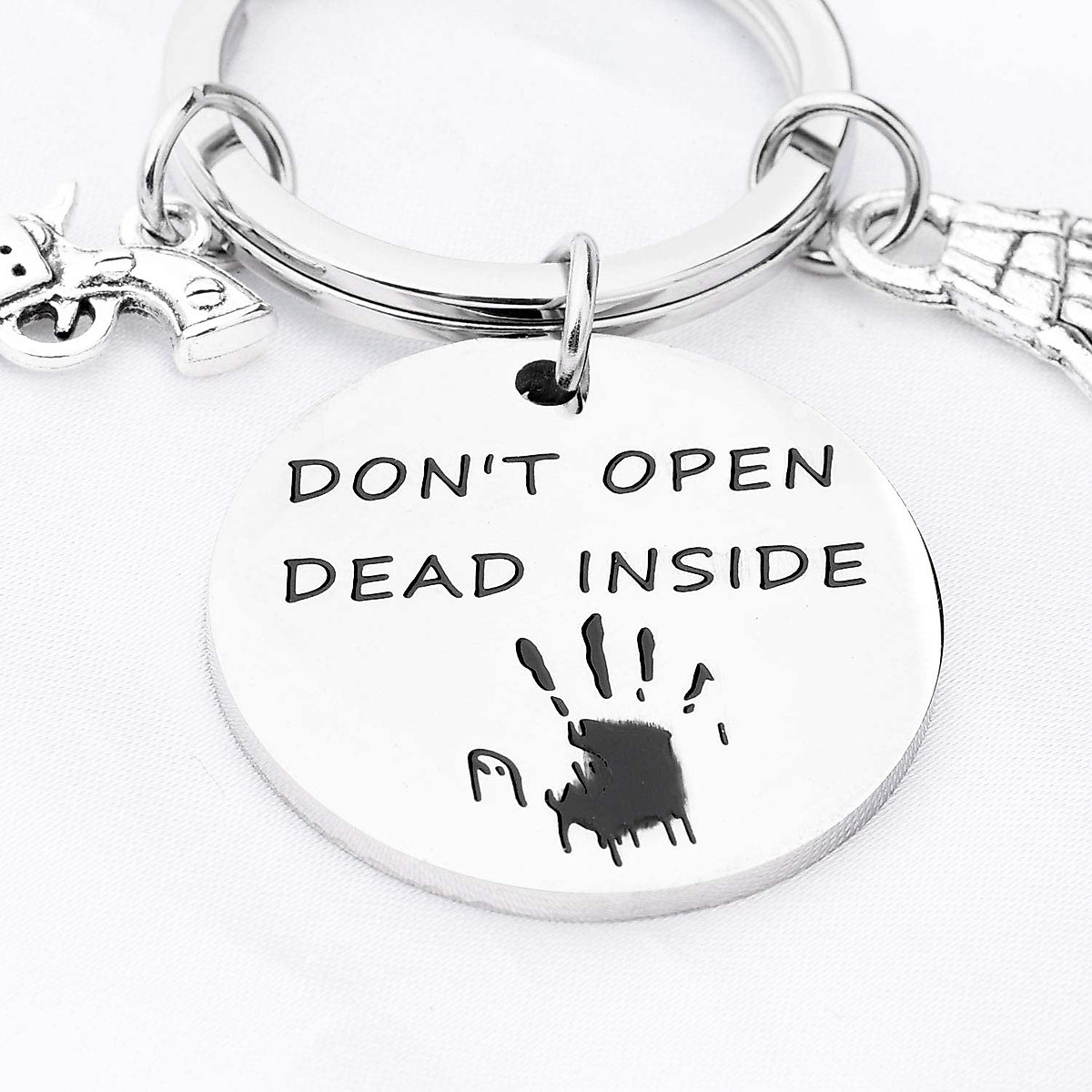 AKTAP Horror Zombie Movie Inspired Keychain Don’t Open Dead Inside Zombie Keyring for Walking -D Fans Gift