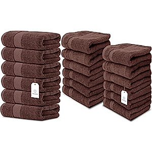 White Classic Luxury Hand Towels | 6 Pack Luxury Cotton Washcloths | 12 Pack Bundle (Brown)