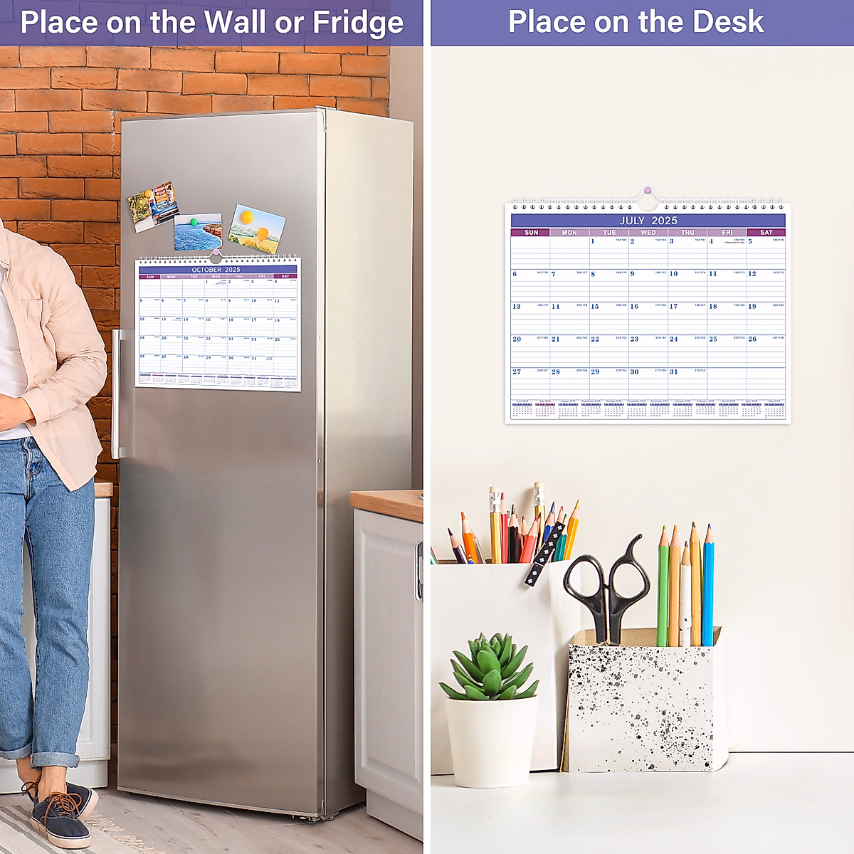 2025-2026 Wall Calendar - 2025-2026 Calendar, Jul.2025 - Dec. 2026, 11" x 8.5", 18 Monthly Calendar 2025-2026, Hanging Hook + Ruled Blocks - Purple