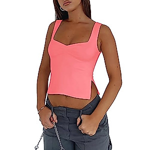 REORIA Women's Sexy Square Neck Ruched Double Lined Split Y2K Tank Crop Tops Peach Pink Small