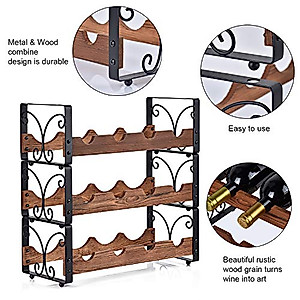 X-cosrack Rustic 3 Tier Stackable Wine Rack Freestanding 12 Bottles Organizer Holder Stand Countertop Liquor Storage Shelf Solid Wood & Iron 17" L x 7.2" W x 16.5" H-Patent Design
