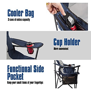 Coastrail Outdoor Camping Chair Oversized Padded Folding Quad Arm Chairs with Lumbar Back Support, Cooler Bag, Cup Holder & Side Pocket, Extra Head Pocket, Supports 400 lbs (Blue, Modern)