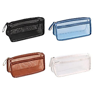 Cute Transparent Pencil Case Mesh Makeup Storage Holder Pouch Solid Color for Travel Cosmetics Stationery Small Crafts with zipper large kids Bag Teen, White