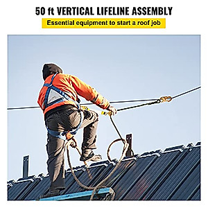 VEVOR Climbing Rope, Fall Protection Safety Rope, 25 50 100 150ft Vertical Tree Stand safety Rope Line Kit Safety Harness for Roofing Work with Alloy Steel Rope Grab, Two Snap Hooks, Shock Absorber
