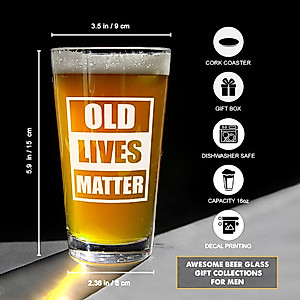 NICKANE Pint Beer Glass Gift Set with Cork Coaster | Funny 16oz Beer Glass Christmas, Birthday, Father's Day Gifts For Dad From Daughter, Son (White - Old Lives Matter)