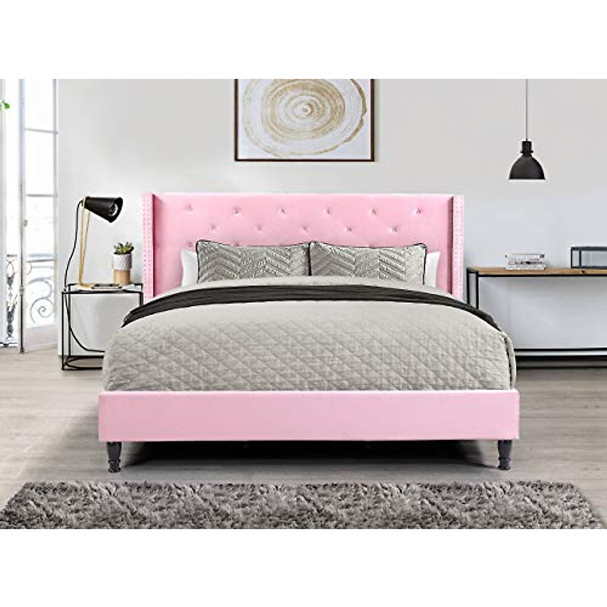 Home Life Premiere Classics Velour Pink 51" Tall Headboard Slats Full-5 Year Warranty Included 007 Platform Bed