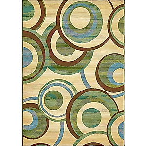 Unique Loom Modern Collection Contemporary, Circles, Abstract, Bright Colors, Indoor and Outdoor Area Rug, 5' 3" x 8' 0", Beige/Green