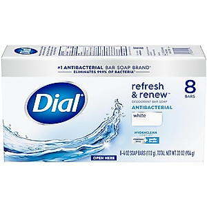 Dial Antibacterial Bar Soap, Refresh & Renew, White, 4 oz, 8 Bars