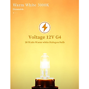 DORESshop Halogen Light Bulbs, 10 Pack G4 Bulb, Halogen Light Bulbs 2 Pin 12V 20W T3 Bi-Pin G4 Base Long Lifetime Dimmable 3000K Halogen Bulbs for Under Cabinet Puck Light, Chandeliers