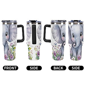 40 Oz Cute Baby Elephant Insulated Stainless Steel Tumbler with Handle & Straw Lid, Reusable Travel Cupholder Friendly Mug for Coffee, Water, Tea