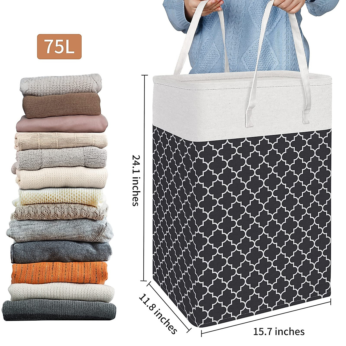 HomeHacks Laundry Baskets, Laundry Hamper with Long Handles, Collapsible Waterproof Clothes Hamper, Tall Laundry Bin, Clothes Hamper for Bedroom, Bathroom, Dorm, 75L, 3-Pack, Black