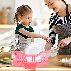 Zerodeko Kitchen Dish Drying Rack with Cutlery Holder Drainboard and Water Spout Plastic Dish Drainer Dinnerware Basket for Kitchen Counter Cabinet Pink