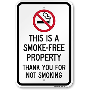 SmartSign 18 x 12 inch “This Is A Smoke-Free Property, Thank You For Not Smoking” Metal Sign, 63 mil Laminated Rustproof Aluminum, Red, Black and White, Made in USA