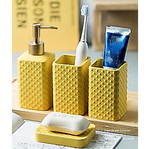 Bathroom Accessories Set Ceramic Soap Dispenser Toothbrush Holder Bathroom Tumbler Soap Dish Bathroom Decor Vibrant Modern Bathroom Set (Yellow 4-Piece Suit)