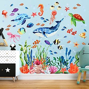 Kalolary Under The Sea Wall Decals Sea Turtle Whale Dolphin Starfish Wall Stickers 3D Coral Reef Ocean Grass Bubbles Wall Decals Wall Decoration for Wall Corner Nursery Room Children Bedroom Bathroom