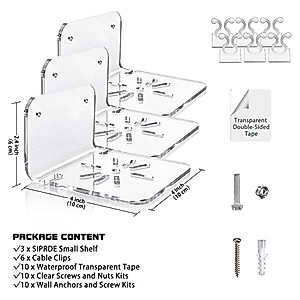 SIPRDE Acrylic Small Wall Shelf Set of 3 for Security Cameras, Speakers, Baby Monitors & More - 4'' Universal Adhesive Shelf Easy to Install No Drill, with Cable Clips (Clear)