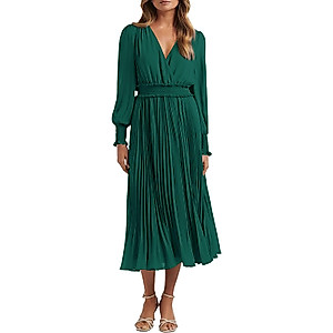PRETTYGARDEN Women's Midi Long Puff Sleeve Spring Dresses 2024 Smocked Waist Wrap V Neck Flowy Ruffle Pleated Casual Dresses (Dark Green,Medium)