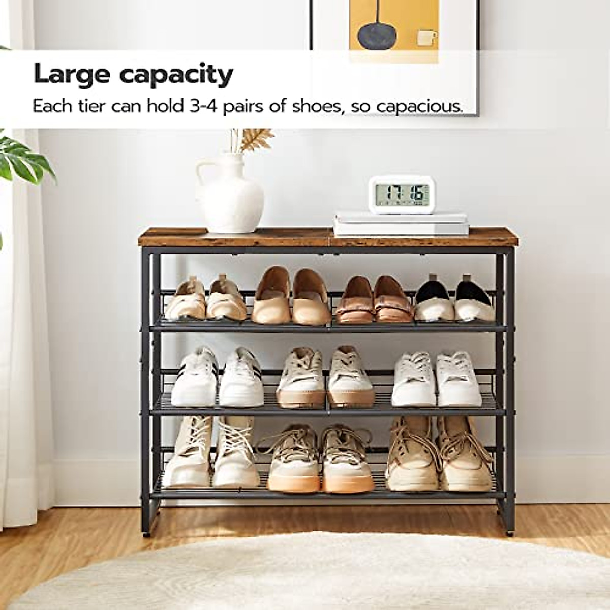 HOOBRO Shoe Rack, 4 Tier Shoe Organizer, Adjustable Shoe Shelves, Flat or Slanted, Holds 9-12 Pairs, Stable and Durable for Entryway, Closet, Rustic Brown and Black BF09XJ01