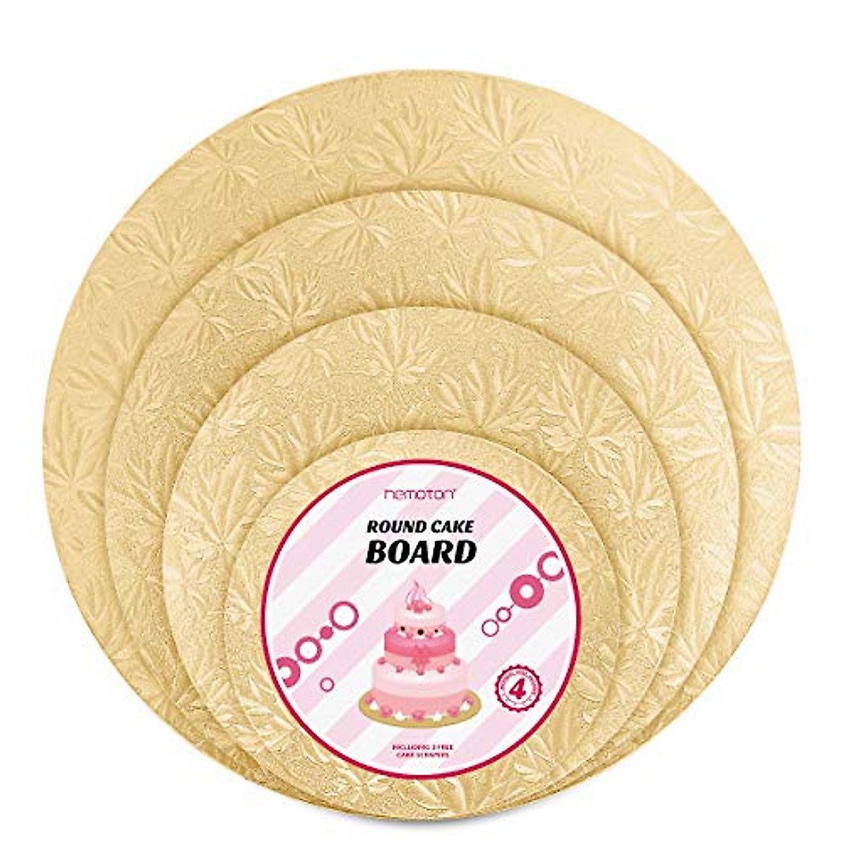 Hemoton 4Pcs Reusable Thicker Cake Boards with Embossed Foil Wrapping and 3 Scrapers for Cake Decoration Wedding Birthday Party 12" 10" 8" 6" (Gold)