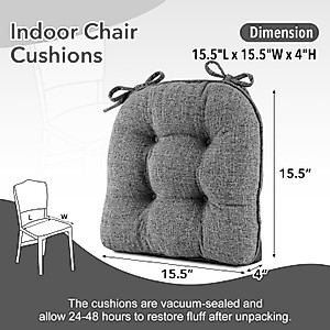 downluxe Indoor Chair Cushions for Dining Chairs, Tufted Overstuffed Textured Memory Foam Kitchen Chair Pads with Ties and Non-Slip Backing, 15.5" x 15.5" x 4", Dark Grey, 4 Pack