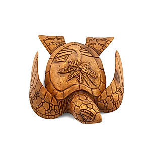 G6 Collection 12" Long Wooden Hand Carved Turtle Tortoise Statue Figurine Sculpture Handcrafted Handmade Decorative Home Decor Accent Rustic Seaside Tropical Nautical Ocean Coastal Decoration