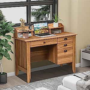 Computer Desk with Storage, Home Office Desk Vintage Desk with 4 Drawers & Hutch, Home Desk Computer Table Desk with Drawers for Bedroom, Farmhouse Desk, Rustic Oak