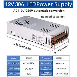 DC 12V 30A Power Supply 360W Universal Regulated Switching AC to DC Converter AC110V/220V (SMPS) Transformer Driver Adapter for LED Strip Light, CCTV Camera Security System, Radio, Computer Project