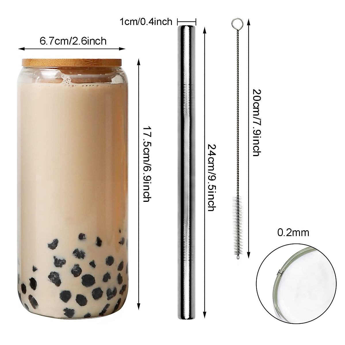 Fenspeed 2pcs Glass Cups with Lids and Straws Beer Can Drinking Glasses Set 20oz Iced Coffee Glasses Reusable Travel Tumbler Cup for Boba Smoothie Juice